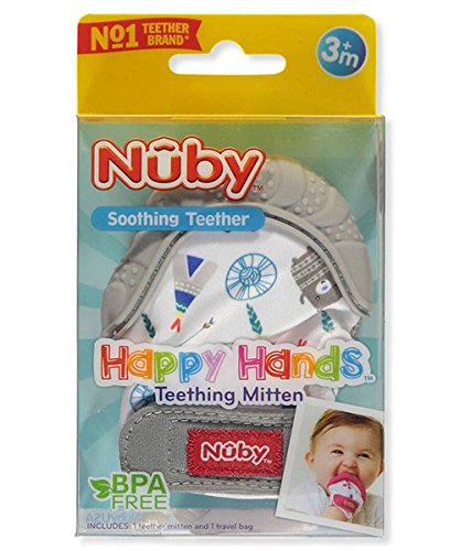 Nuby Soothing Teething Mitten with Hygienic Travel Bag, Grey, 1 Count (Pack of 1)