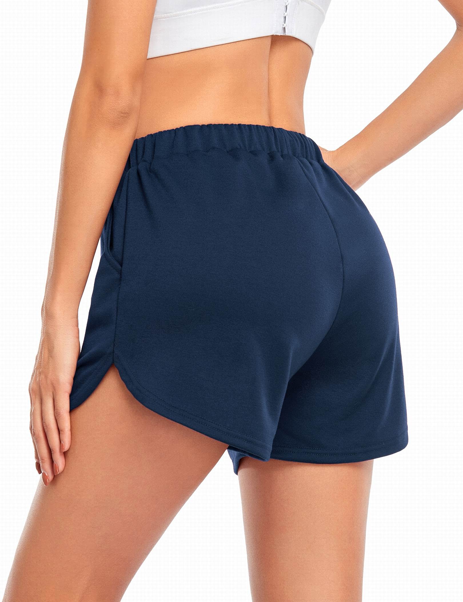 COOrun Drawstring Running Yoga Shorts Comfy Dolphin Shorts Lounging High Waist Terry Shorts Navy Blue Medium