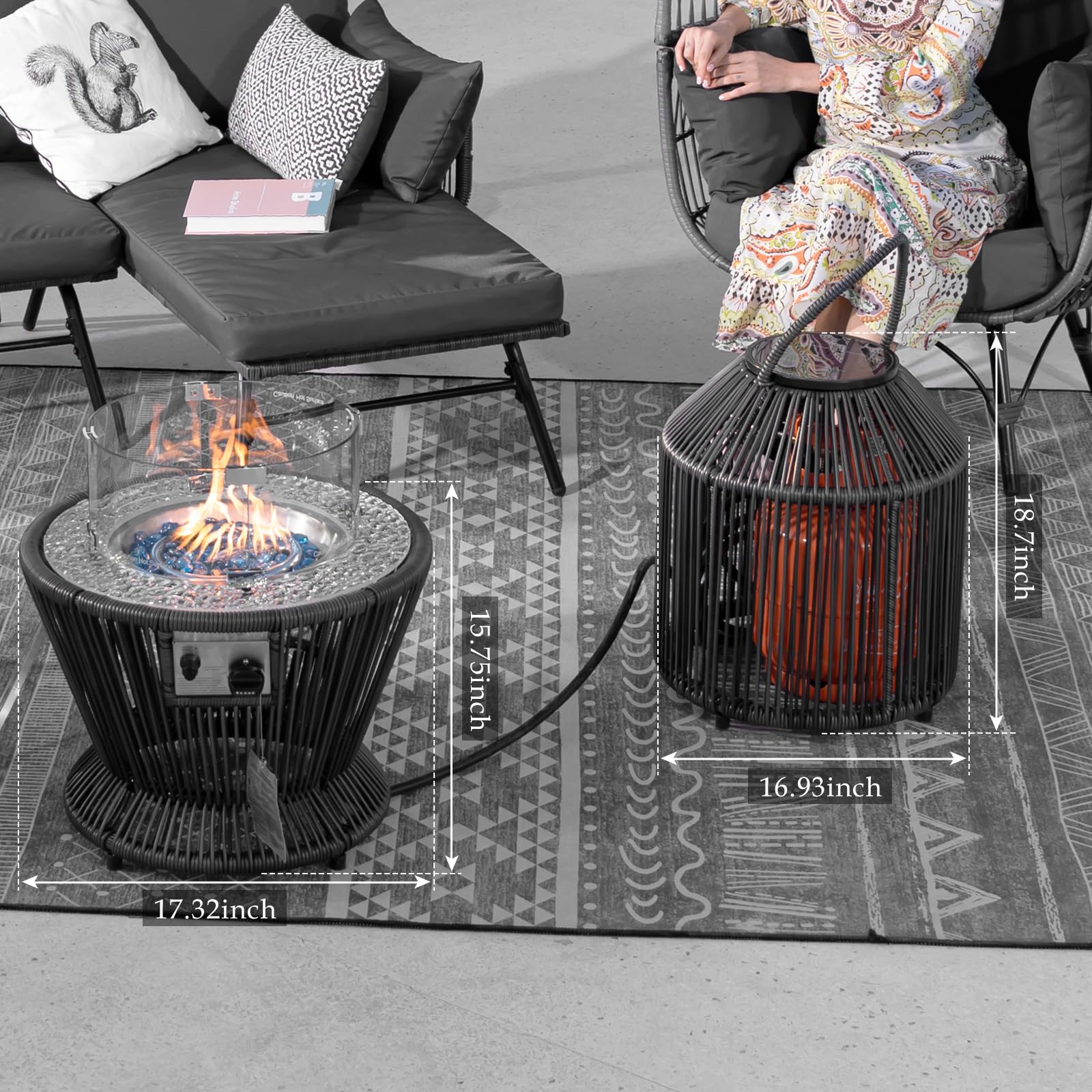 BULEXYARD Grey PE Wicker Patio Propane Fire Pit Table with Solar LED Lamp Cover of Propane Tank, Outside Round Firepit for Garden Deck Backyard