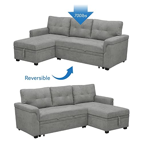 Naomi Home Laura Sectional Sleeper Sofa with Pull Out Bed, Reversible Sleeper Sectional Sofa Bed, Best Sleeper Sofa Couch with 168L Storage, L-Shape Pull Out Couch Bed Sleeper Sofa β Air Leather/Gray