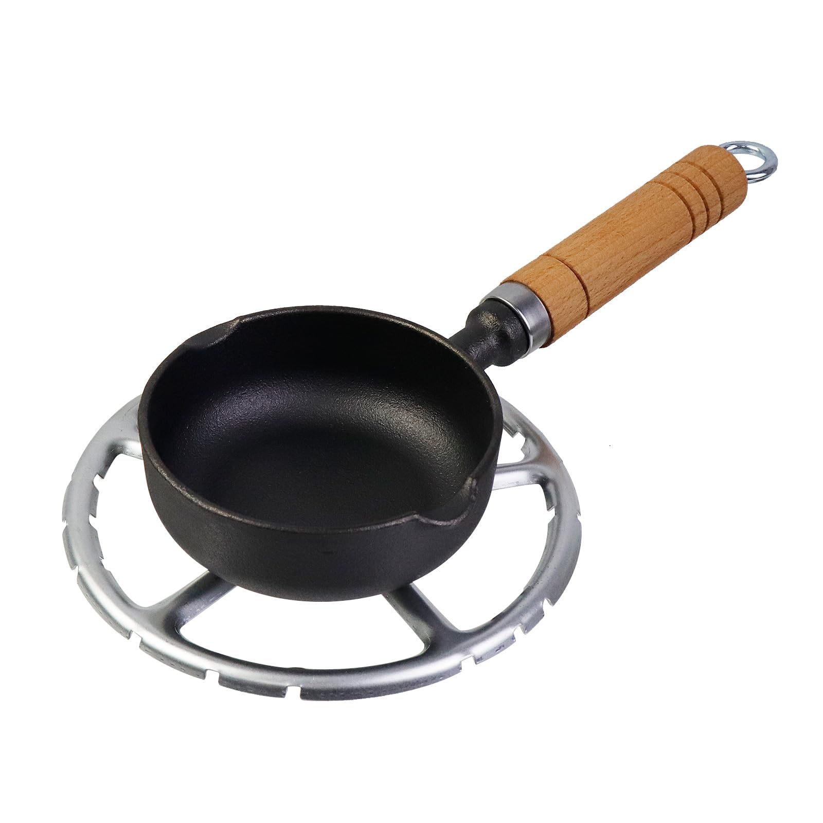 Geesatis 1 Pcs Mini Cast Iron Skillet Small Skillets Frying Pans, with Wok Support Ring for Oil, Baked Cookie, Eggs, Wooden Handles