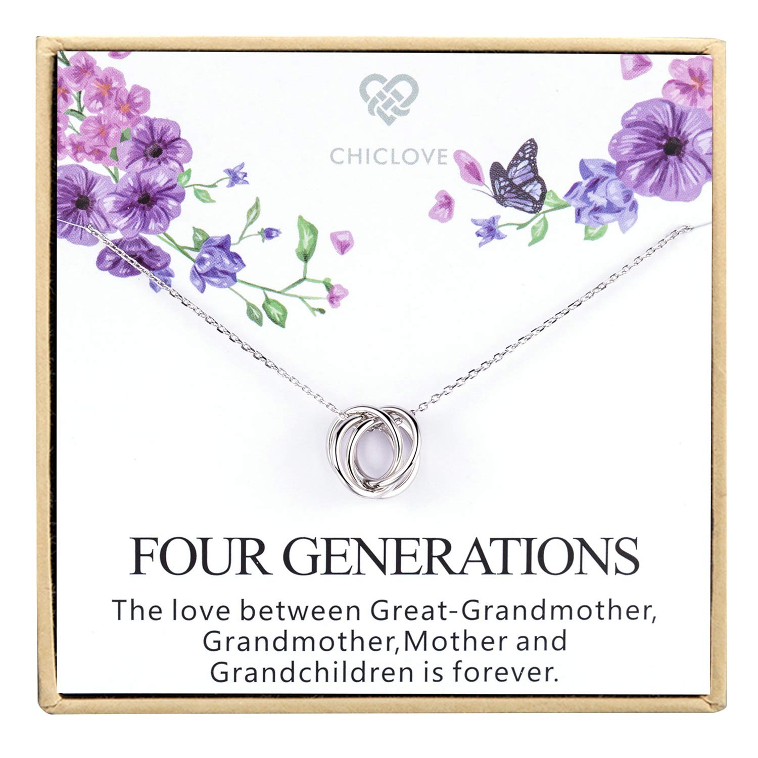 CHICLOVE Four Generations Necklace for Great Grandmother - Sterling Silver Four Circles Generation Necklace Gifts for Great Grandma (Four Generation Necklace)