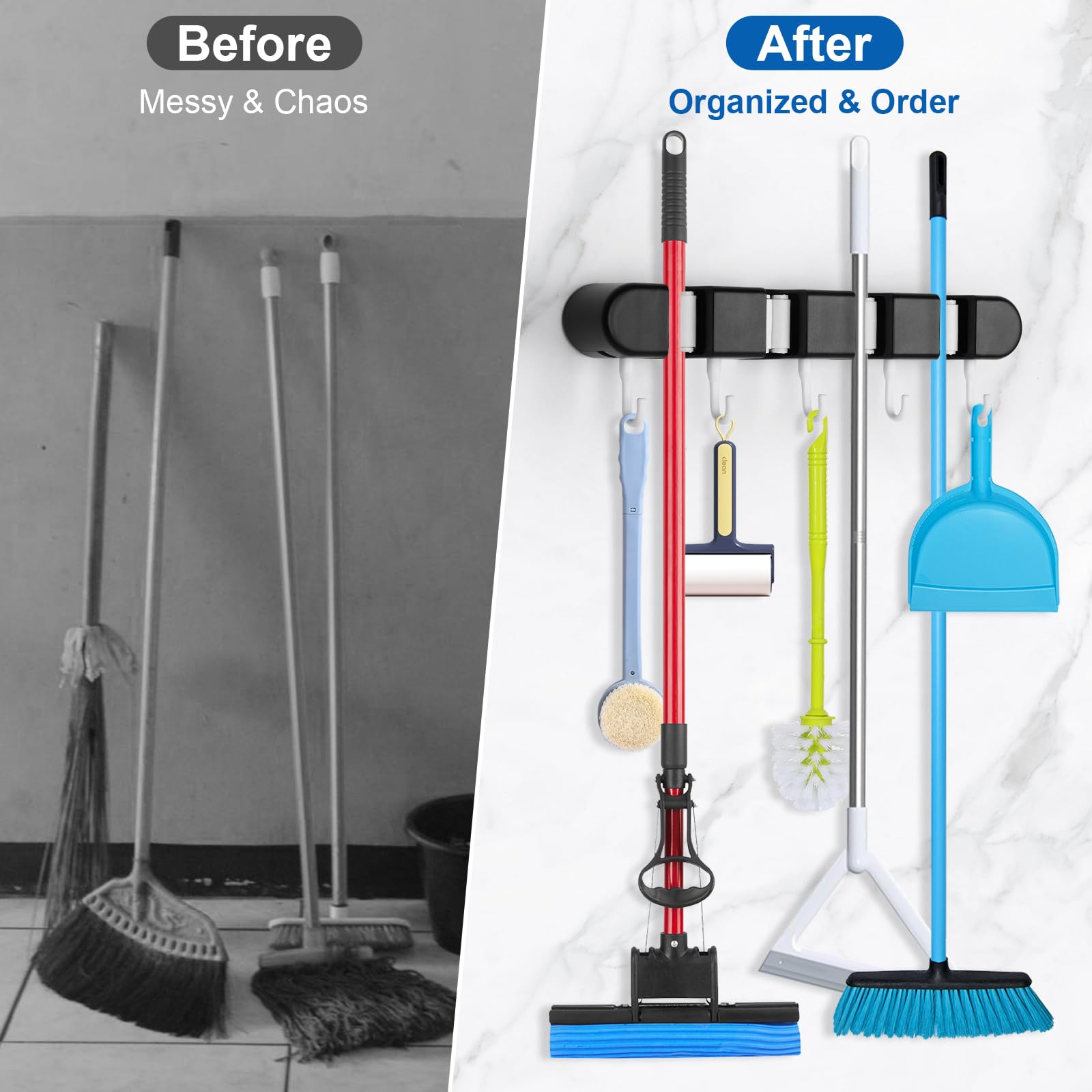 Broom and Mop Holder Wall Mounted, Mop Hanger Broom Storage Tool Rack with 4 Racks & 5 Hooks, Mop Broom Organizer, Garden Tool Organizer with Adhesive Hooks for Home Laundry Garage Kitchen Shed, Black