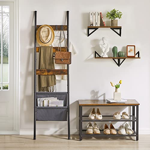 IBUYKE Blanket Rack Towel Rack Holder with Hooks Blanket Ladders Wall Leaning Metal Holder Rack for Living Room,Bathroom,Bedroom Home Decor Rustic Brown TTR001H