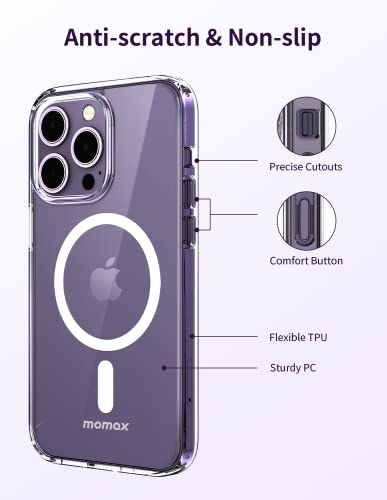 MOMAX Magnetic Phone Case, Clear Hybrid Lite Magsafe Case for iPhone 14 Pro Max, Slim Magnet Phone Case with Anti-Scratch,Shock,Drop Protection, Non Yellowing 14 Pro Max Case with Magnet, Clear