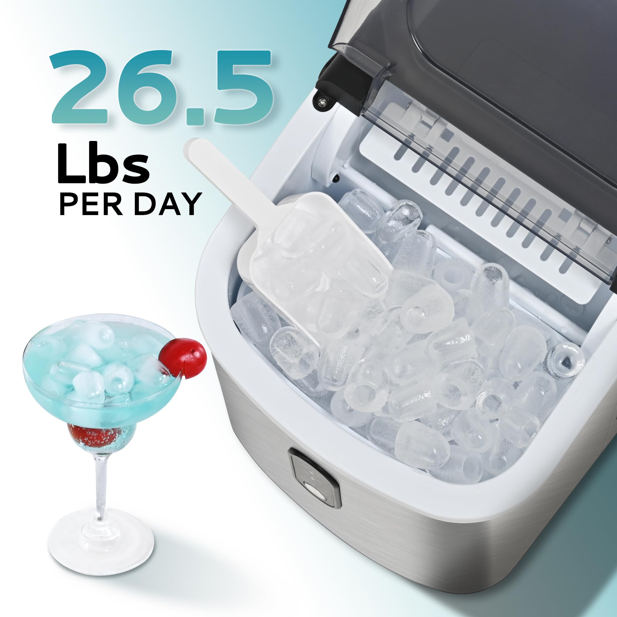 EUHOMY Ice Maker Countertop, Portable Ice Machine with Carry Handle, 26.5lbs Per Day, 9 Cubes in 6 Mins, Auto-Cleaning, with Basket and Scoop, for Home, Kitchen, Camping, RV (Silver)