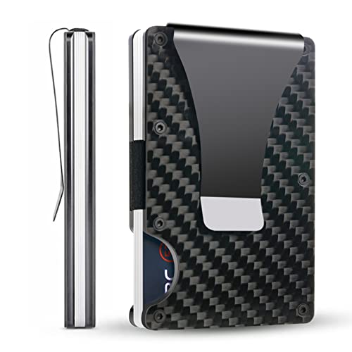Comkey Minimalist Wallets for Men - Smart Carbon Fiber Wallet - RFID Blocking Front Pocket Credit Card Holder - Aluminum Metal Small Mens Wallets with Cash Strap