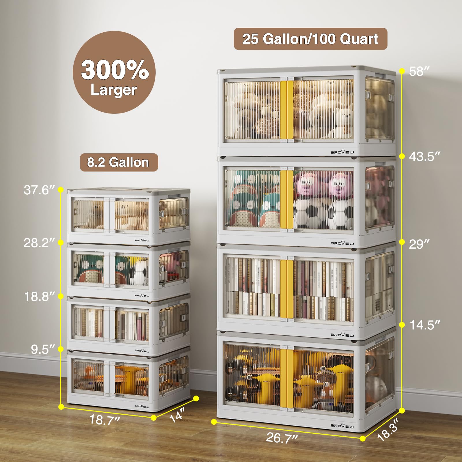 BROVIEW V5 75Gal Plastic Storage Bins with Lids, 3Pack Stackable Collapsible Storage Bins for Closet Organizers and Storage, Folding Storage Container Open Front Cabinets with Doors and Wheels, White