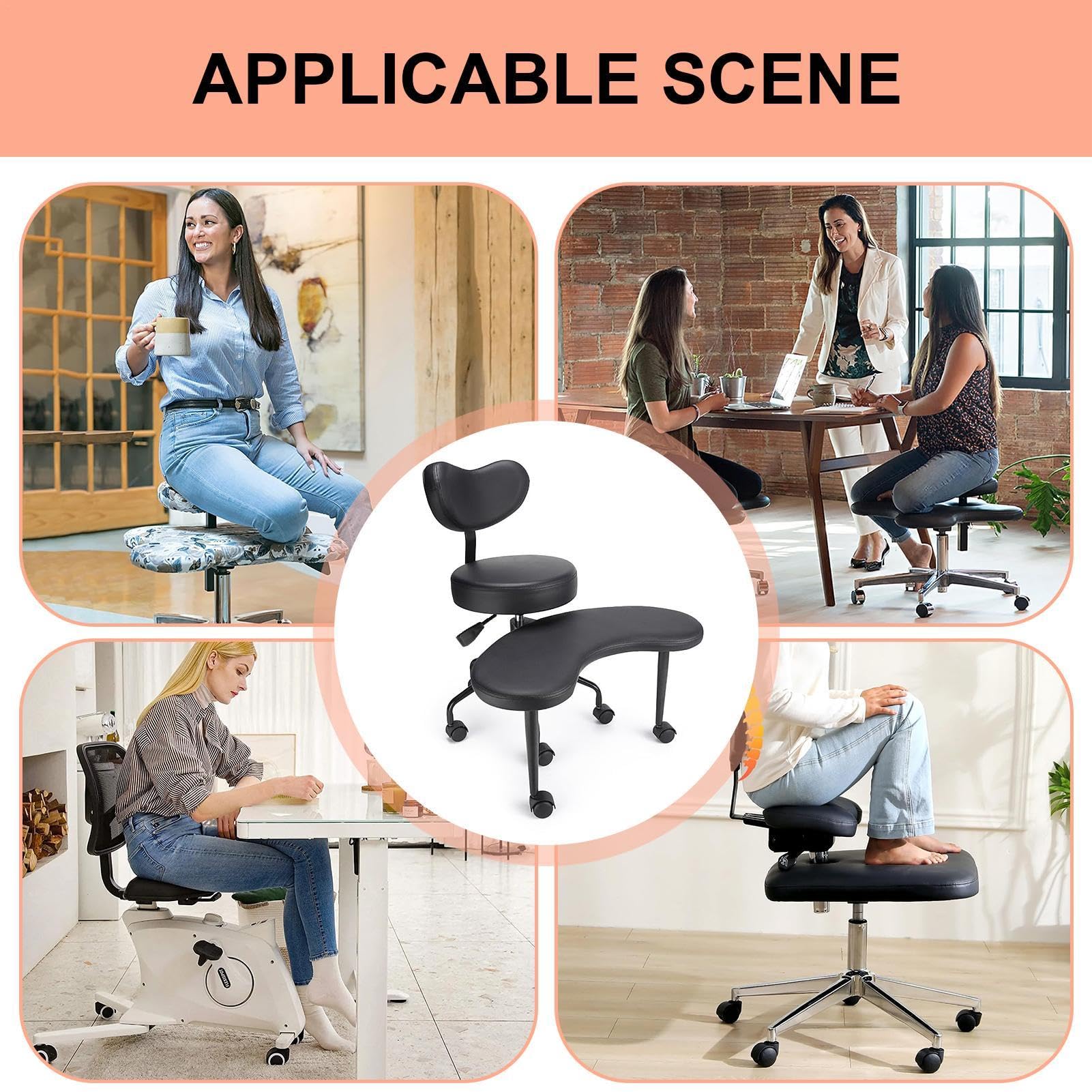 Ergonomic Mobile Traverse Legged Desk Chair with Wheels,Meditation Chair,Traverse Legged Office Chair with Lumbar Support and Adjustable Stool, Flexible Design for for Home & Office(Black)