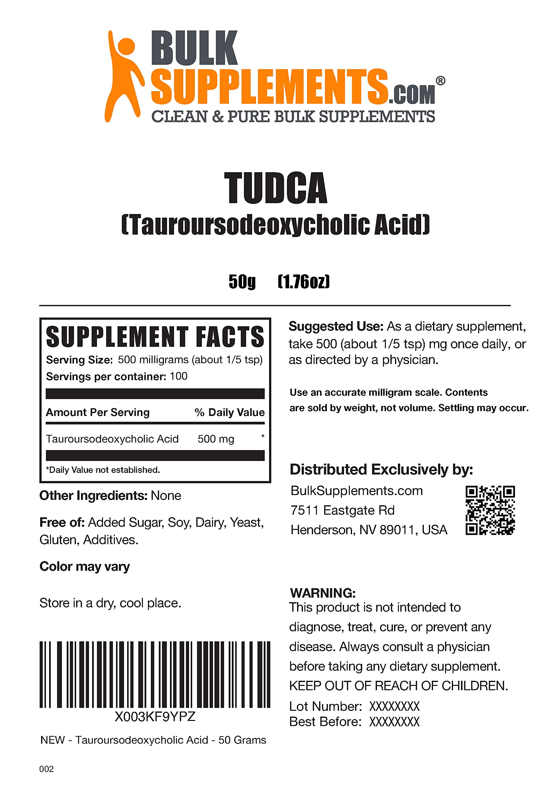 BulkSupplements.com TUDCA Powder - Tauroursodeoxycholic Acid, TUDCA 500mg - TUDCA Supplement for Liver Support - Gluten Free, 500mg per Serving, 50g (1.8 oz) (Pack of 1)