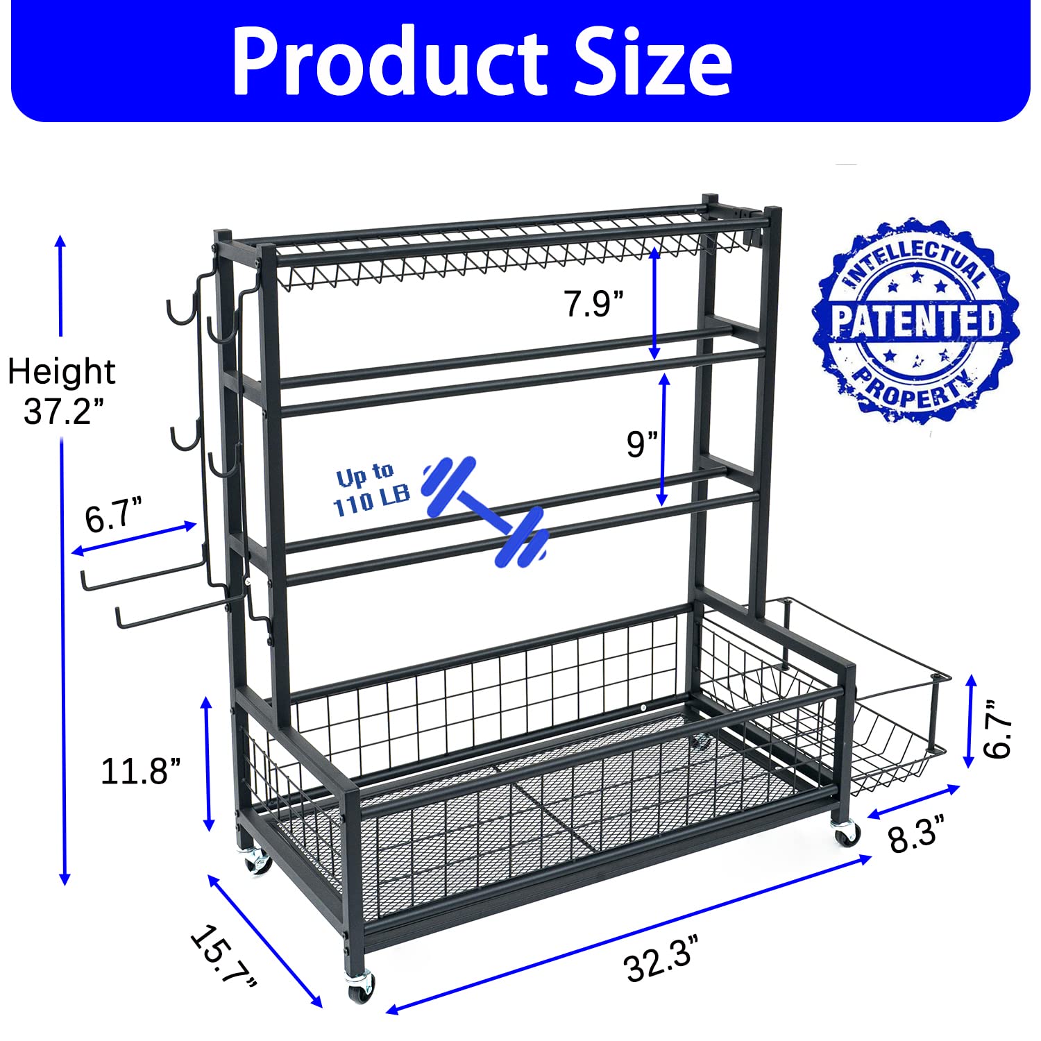 Dumbbell Rack Stand, Weight Storage Organizer, Home Gym Storage Rack for Dumbbells Foam Roller Kettlebells Yoga Mat Resistance Bands, Workout Equipment Storage with Wheels and Hooks