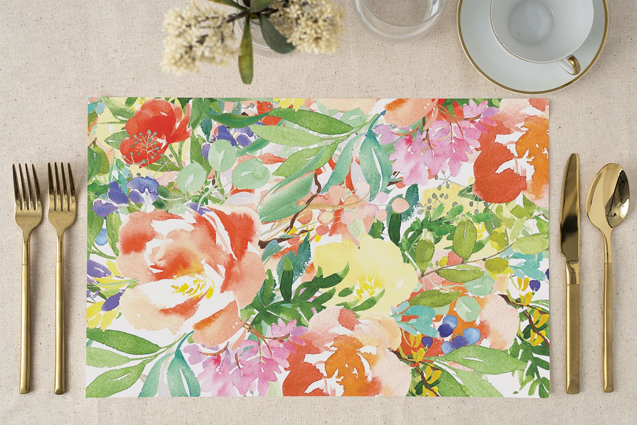 DB Party Studio Paper Place Mats Pack of 25 Gorgeous Colorful Watercolor Flowers Bridal Shower Engagement Graduation Parties Brunch Dinner Easy Cleanup Disposable Table Setting 17" x 11" Placemats