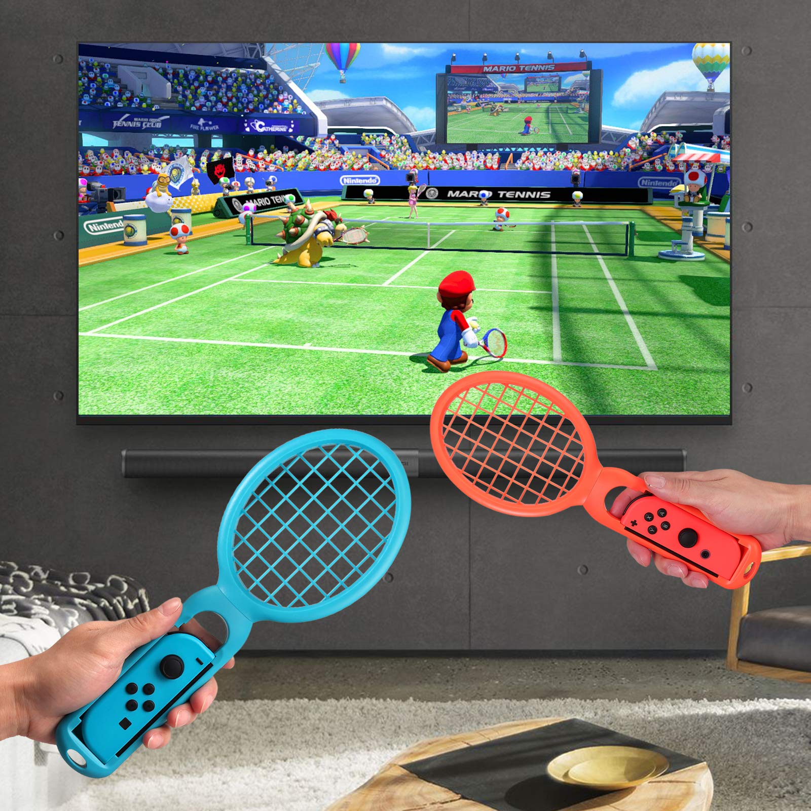 CAMWAY Game Accessories Bundle for Nintendo Switch Joy-Con With Switch Grip,Gaming Tennis Racket, Gaming Steering Wheel, Accessories for Mario Tennis Aces Game, Switch Controller Grip Handle Kit