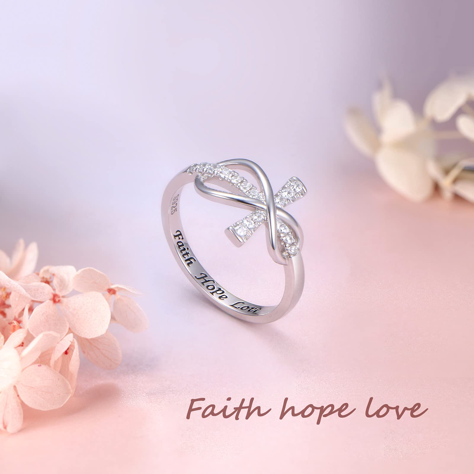 DAOCHONG Inspirational Jewelry 925 Sterling Silver Engraved Faith Hope Love Cubic Zirconia Cross Infinity Ring, Size 7