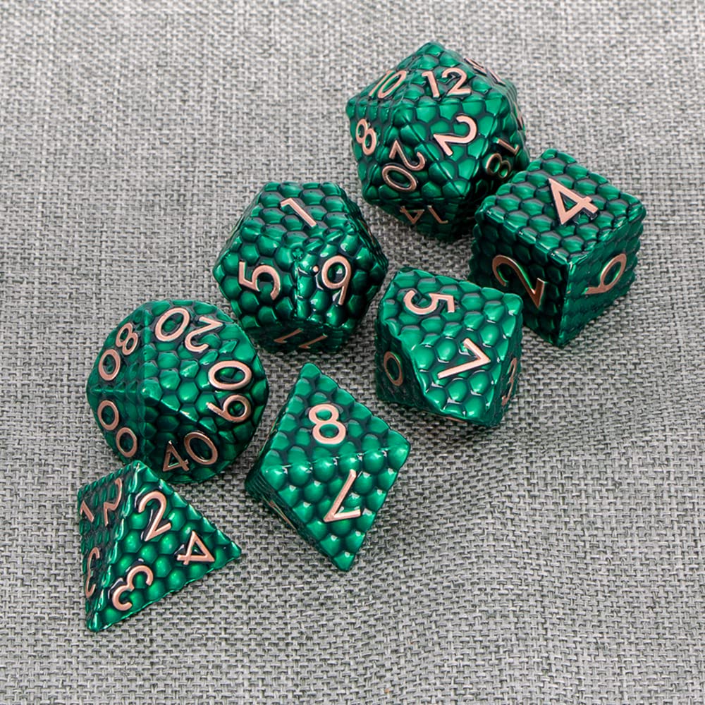 Dungeons and Dragons Dice Metal DND Polyhedral Dice Set, OUKELANWO Green D&D Dice Set with Gift Box, Dragon Scale Dice Set Large 20 Sided Roll RPG Role Playing Games, MTG, Pathfinder, Warhammer