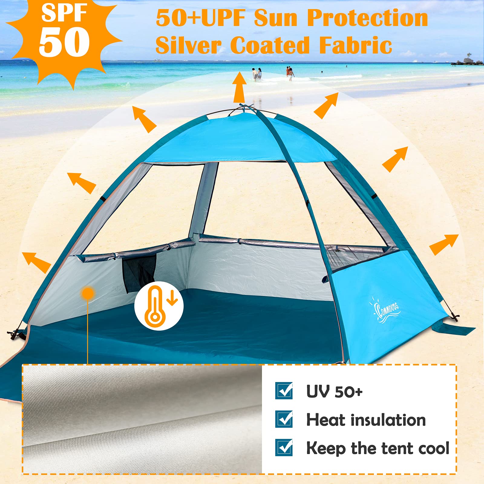 COMMOUDS XL Pop Up Beach Tent 4-5 Person, UPF 50+ Beach Sun Shade, Automatic Beach Sun Shelter, Lightweight and Easy Set Up