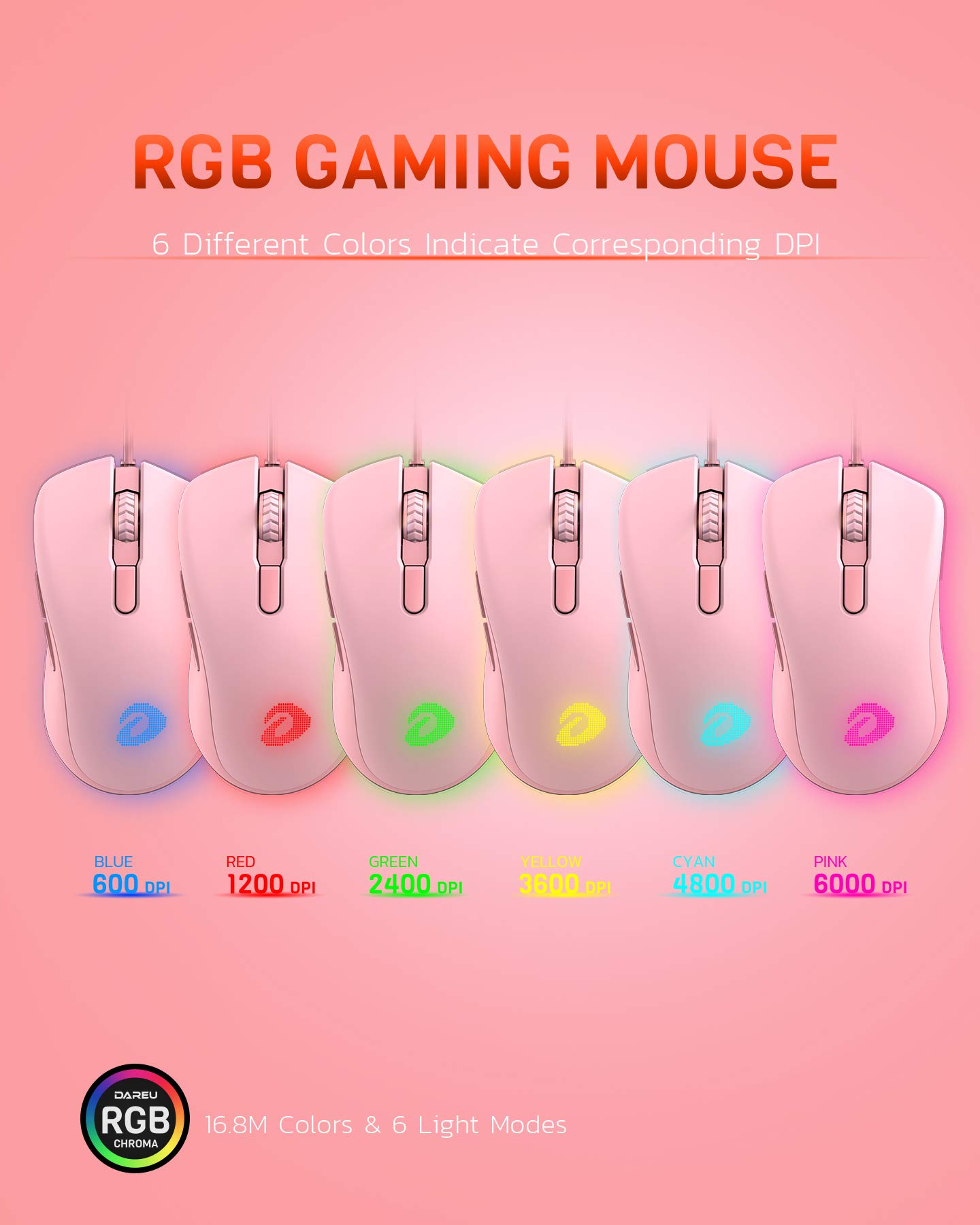 DAREU Wired Pink Gaming Mouse, 6400DPI,6 Programmable Buttons, Ergonomic RGB Gaming Mouse with 16.8 Million Chroma 7 Backlit for PC, Laptop, and Notebook (Pink)