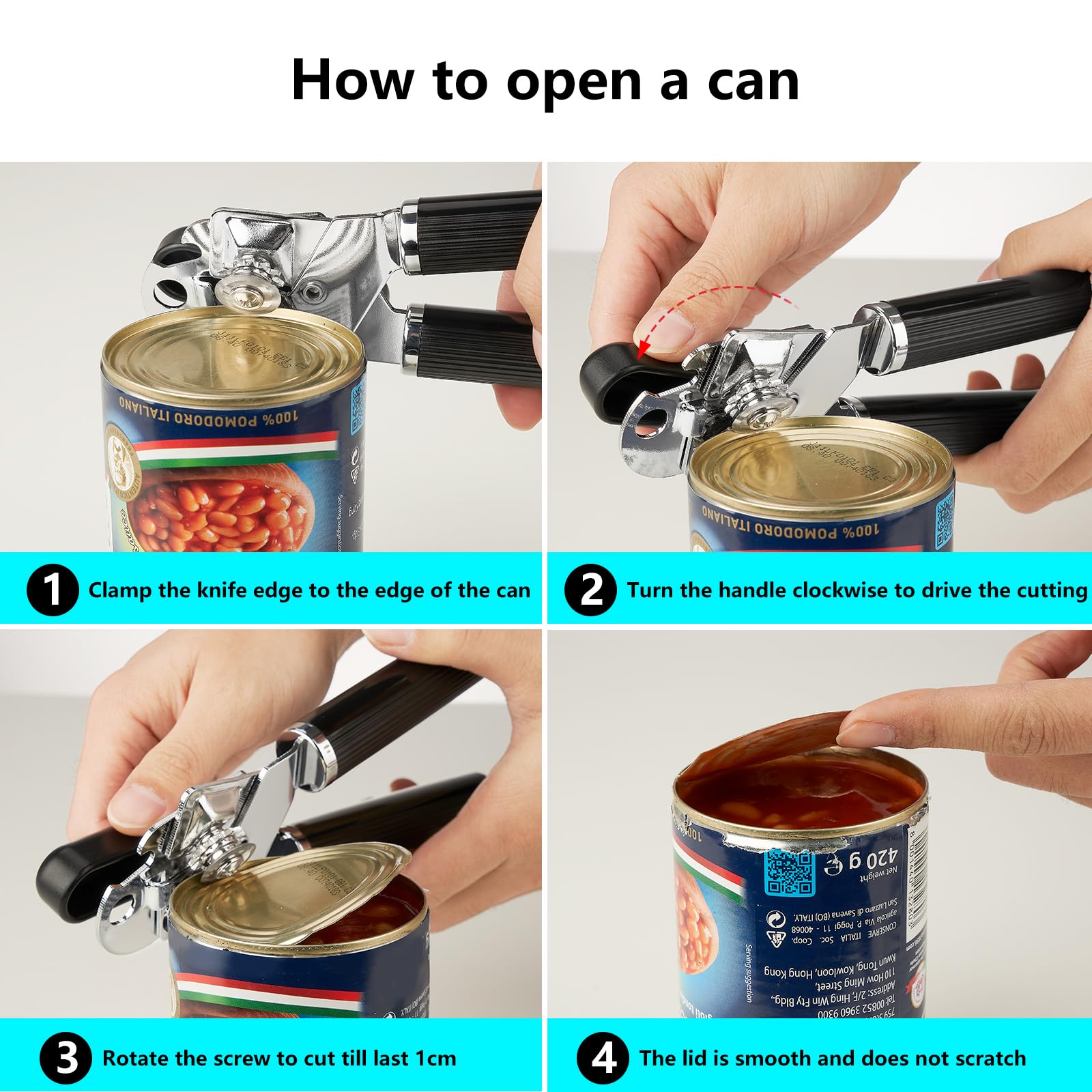 Can Opener Manual, Stainless Steel Smooth Edge, Classic Safe Multifunction Manual Can Opener with Comfortable Handle, Easy to Open for Various Shapes-Black