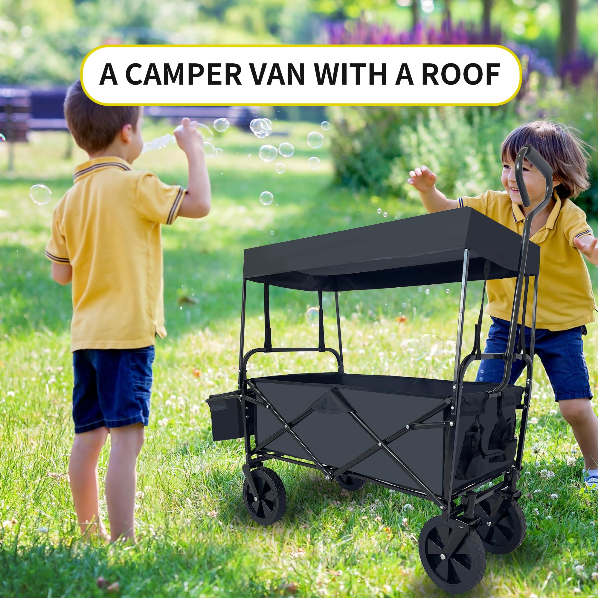 Collapsible Foldable Beach Wagon Carts with 360° Rotating Wheels for All Terrain, Utility Small Heavy Duty Wagon with 270LBS Capacity for Grocery, Sand, Garden, Outdoor, Camping (Antique Black)