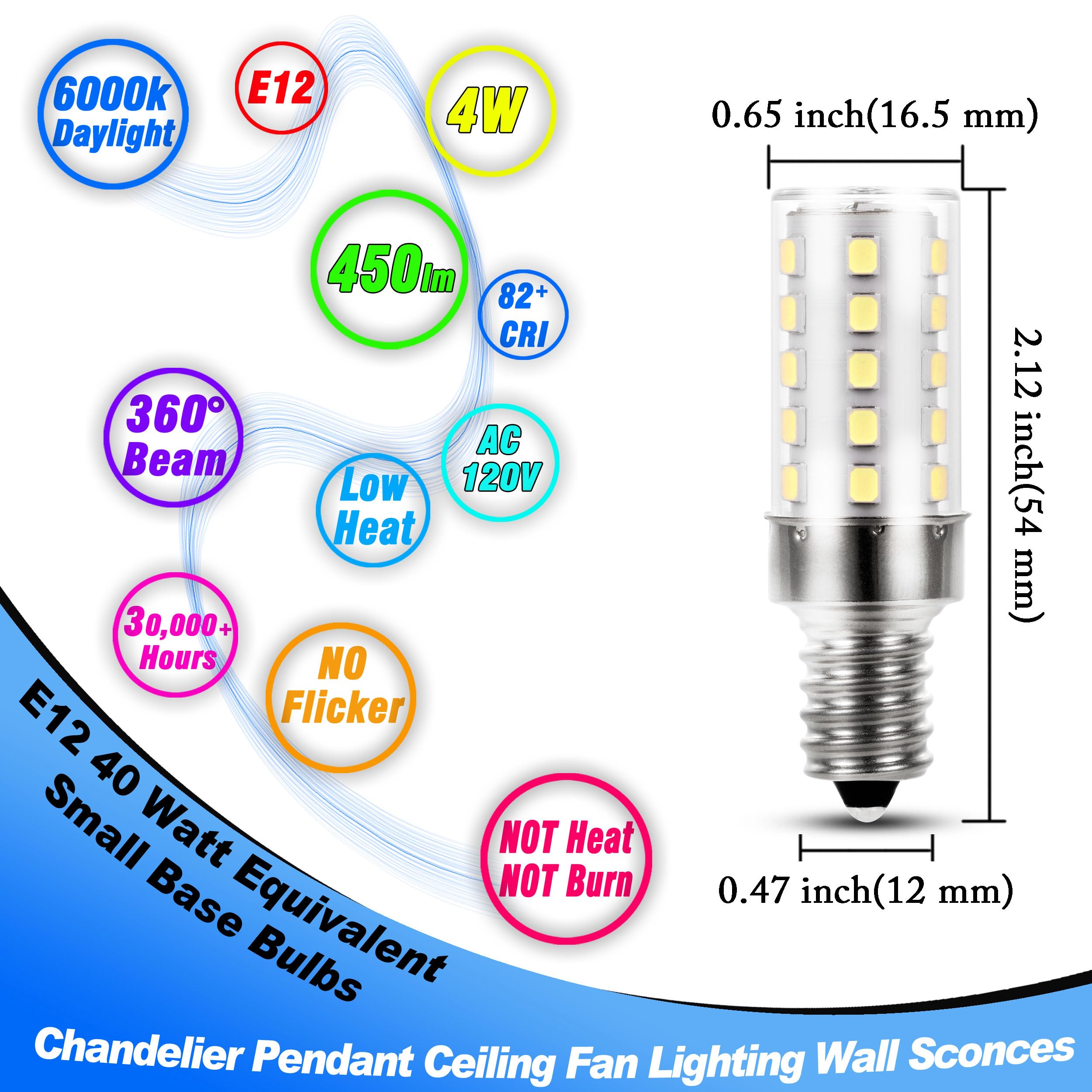 Heifymi E12 40 Watt Equivalent LED Bulbs 6000K Daylight White 450lm 4W 120V LED Candelabra Bulb with T6 C7 E12 Small Base for Wall Sconces Pendant Chandelier Ceiling Fan Lighting, Non-Dimmable, 4 Pack