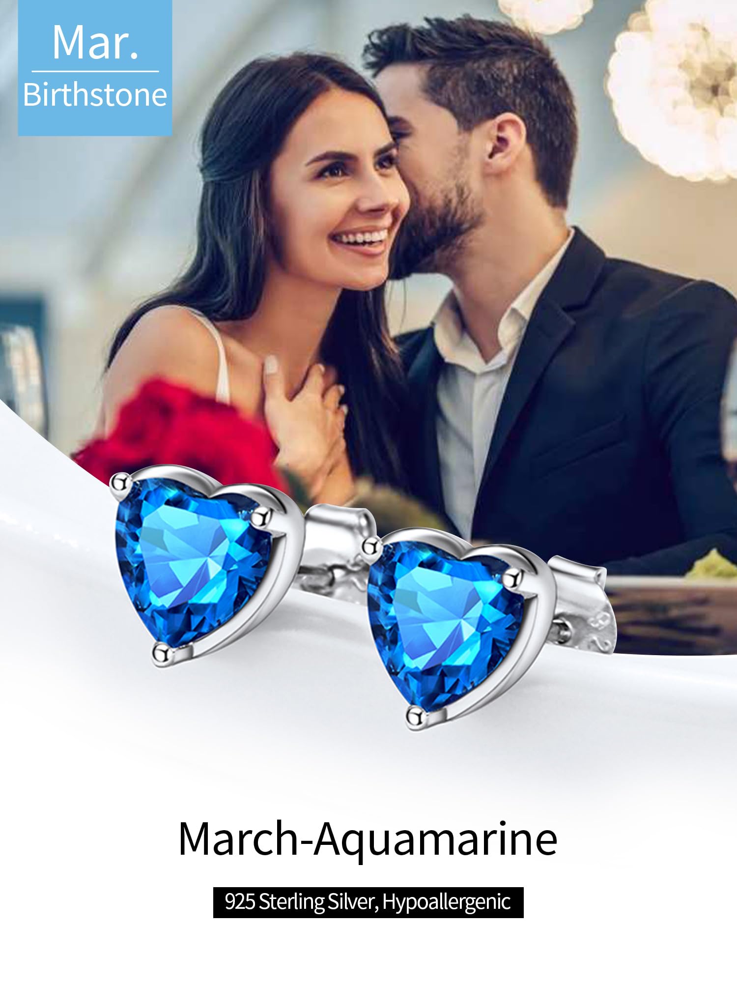 ChicSilver Earrings 925 Sterling Silver Heart Earrings, Crystal March Birthstone Aquamarine Earrings, Gem Stone Light Blue Earrings for Women Sensitive Ears