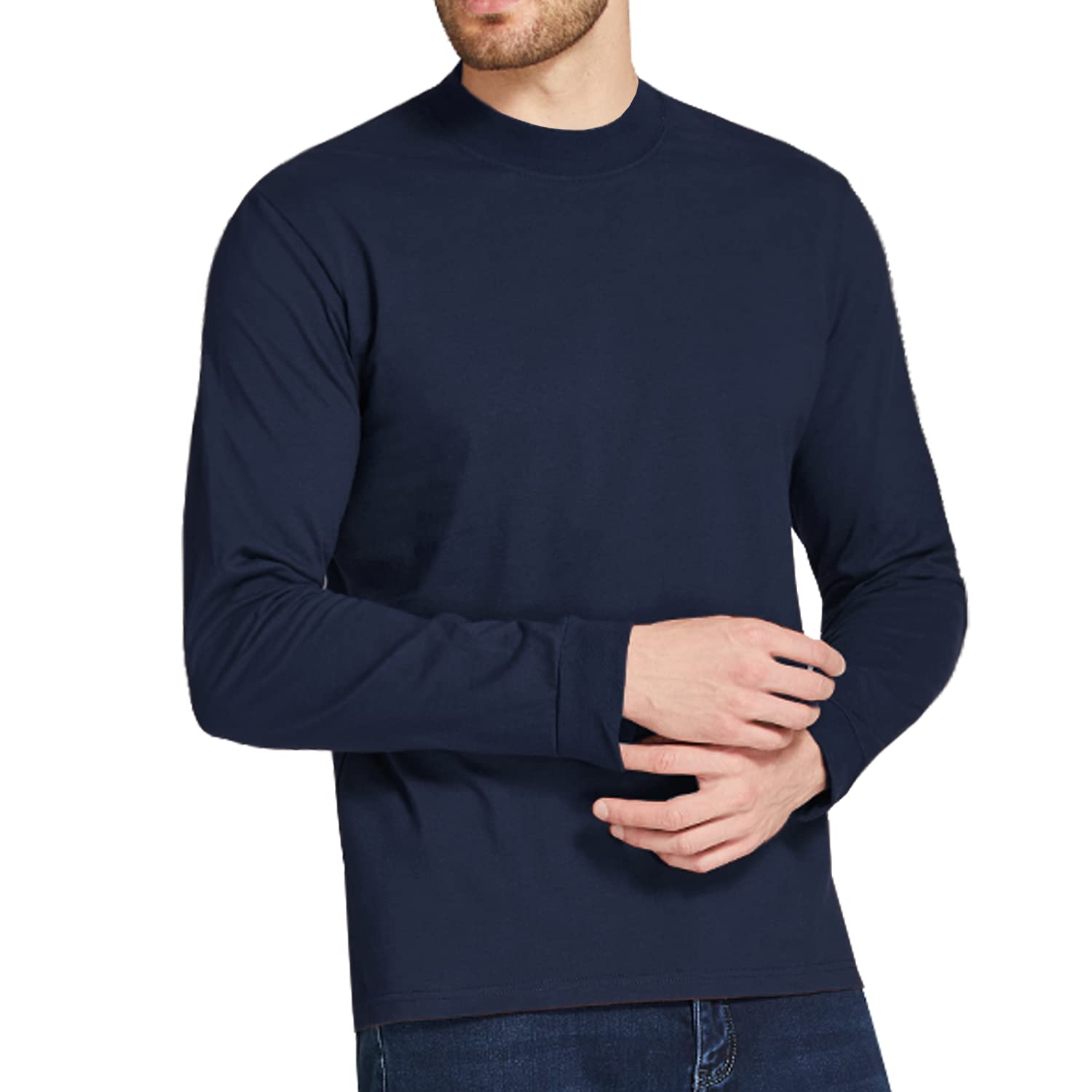 Deeriama Men's Mock Turtleneck Long Sleeve Shirts Cotton Workout T Shirts Casual Tops Golf Base Layer,Navy,Medium