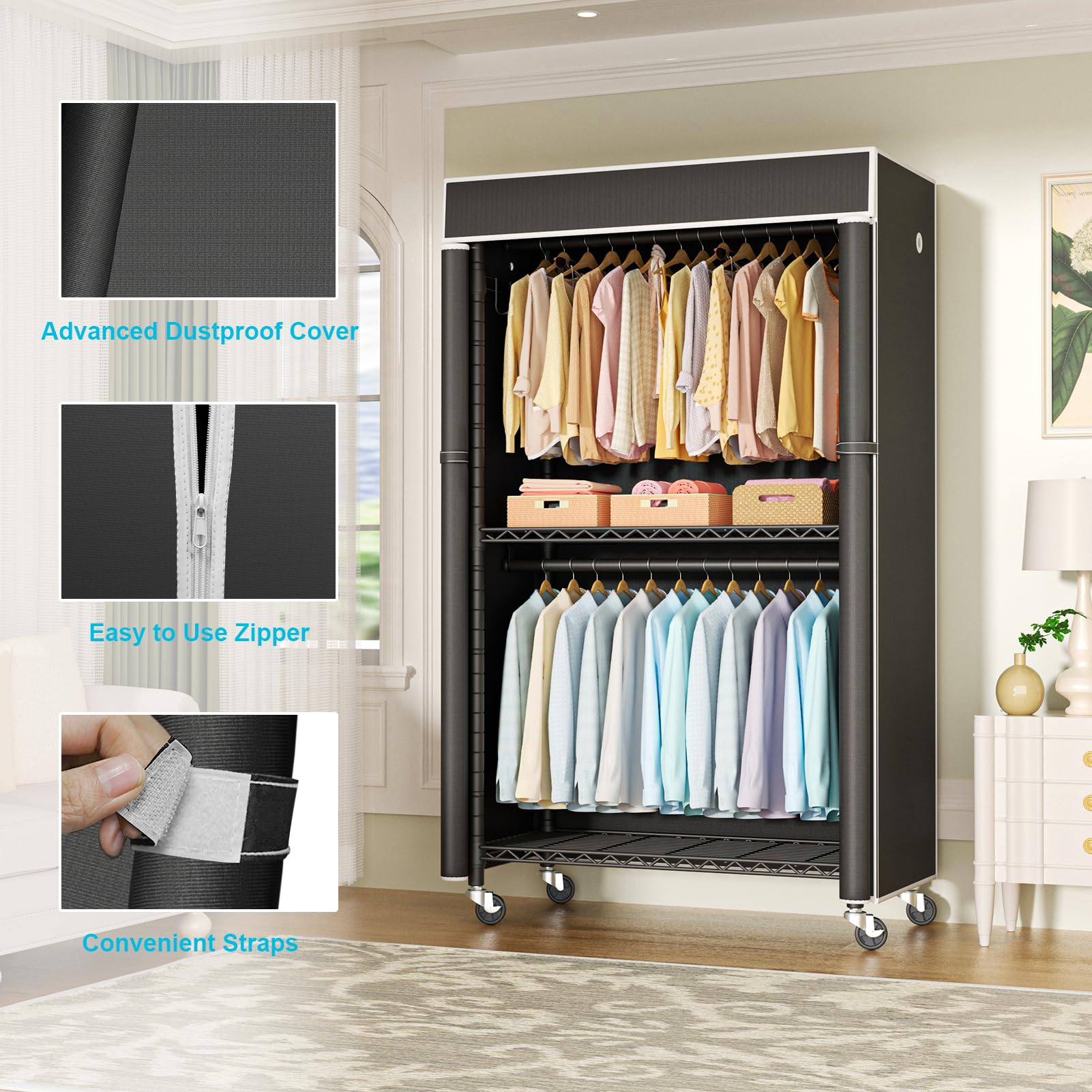 FUTASSI Black Clothing Rack with Black Cover, P1C Rolling Closet Rack with Wheels, Metal Garment Rack for Hanging Clothes, Clothing Storage Wardrobe, 36.2" W x 16.5" D x 78.7" H, Load 450 Pounds