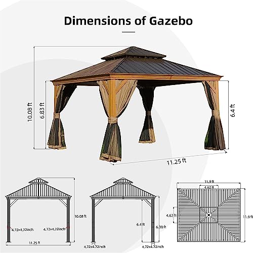Evedy Gazebo 12x12, Hardtop Gazebo, Wooden Coated Aluminum Frame Canopy with Galvanized Steel Double Roof, Netting and Curtains Included, for Patio, Deck and Lawn