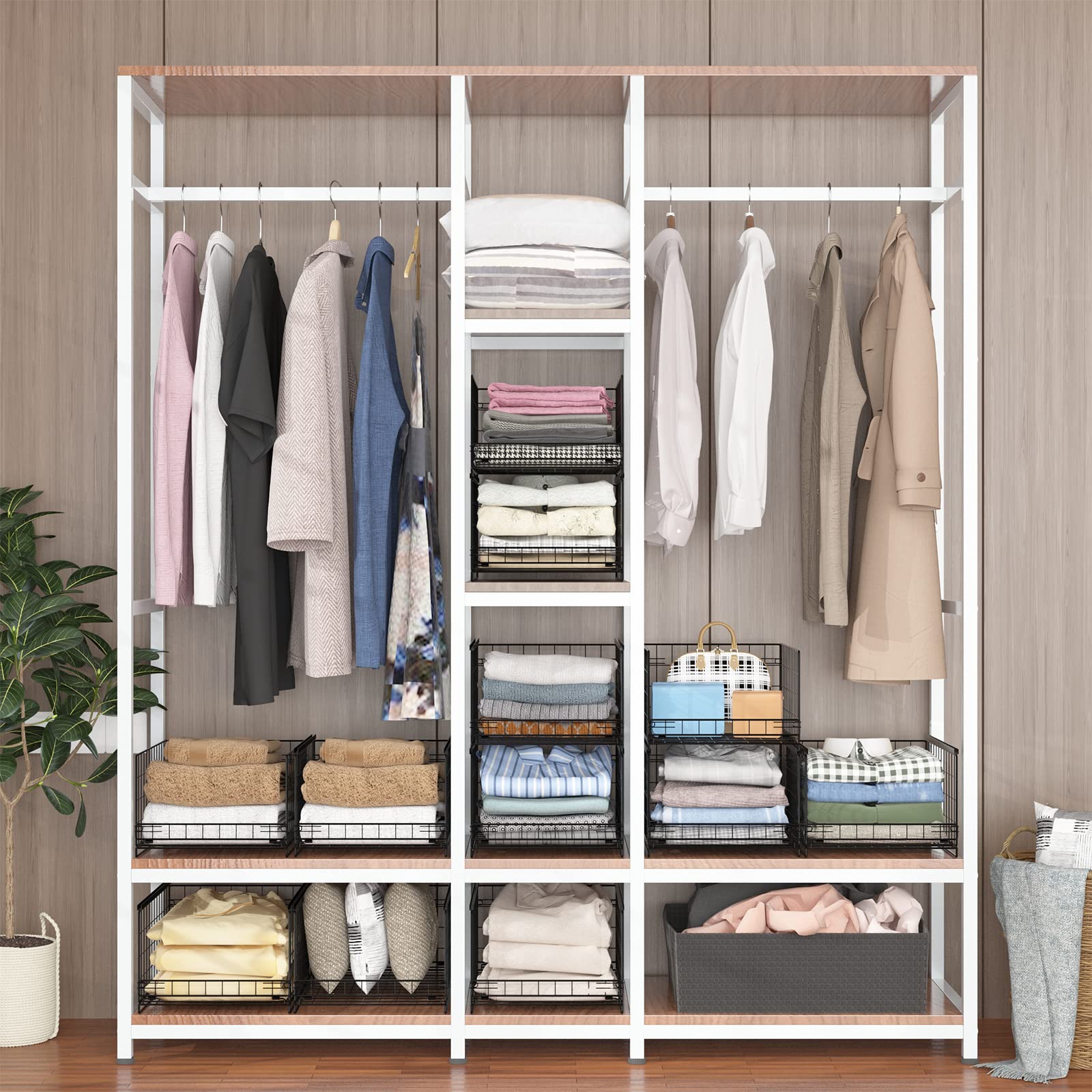 Hongtamoya 4-tier Sliding Closet Organizers and Drawer Storage Shelves, Stackable Storage Bins for Jean Pants Sweaters, Metal Drawer Slid Clothes Storage Container, Closet Organizers for Clothes-Black