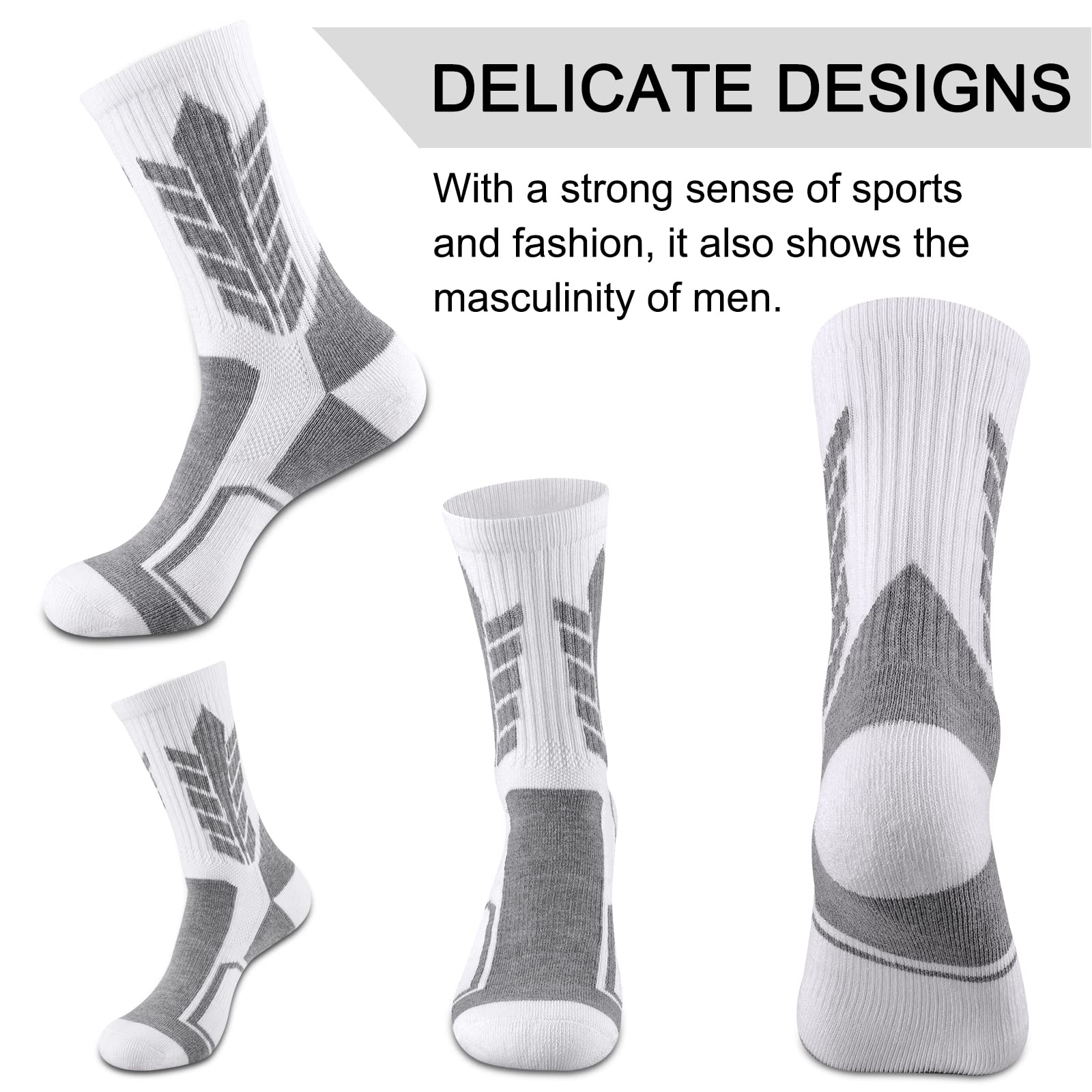 COOVAN Mens Hiking Socks Crew Cushion Athletic Elastic Arch Support Running Tab Crew Socks 5 Pairs