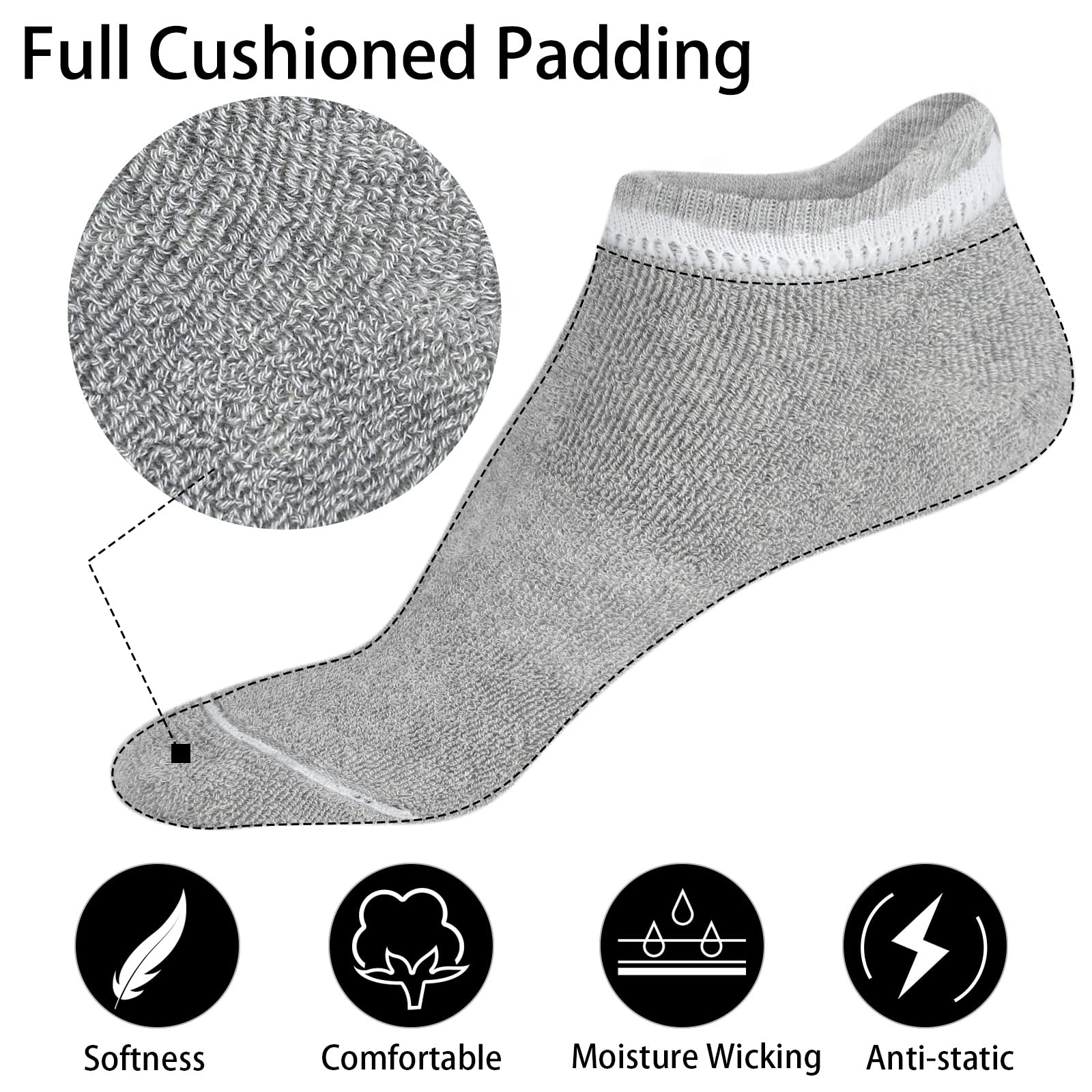 COZYOFFI 5 Pairs Ankle Socks for Women and Men Thick Cushion Athletic Running Low Cut Socks With Tab (Small, C03-Gray)