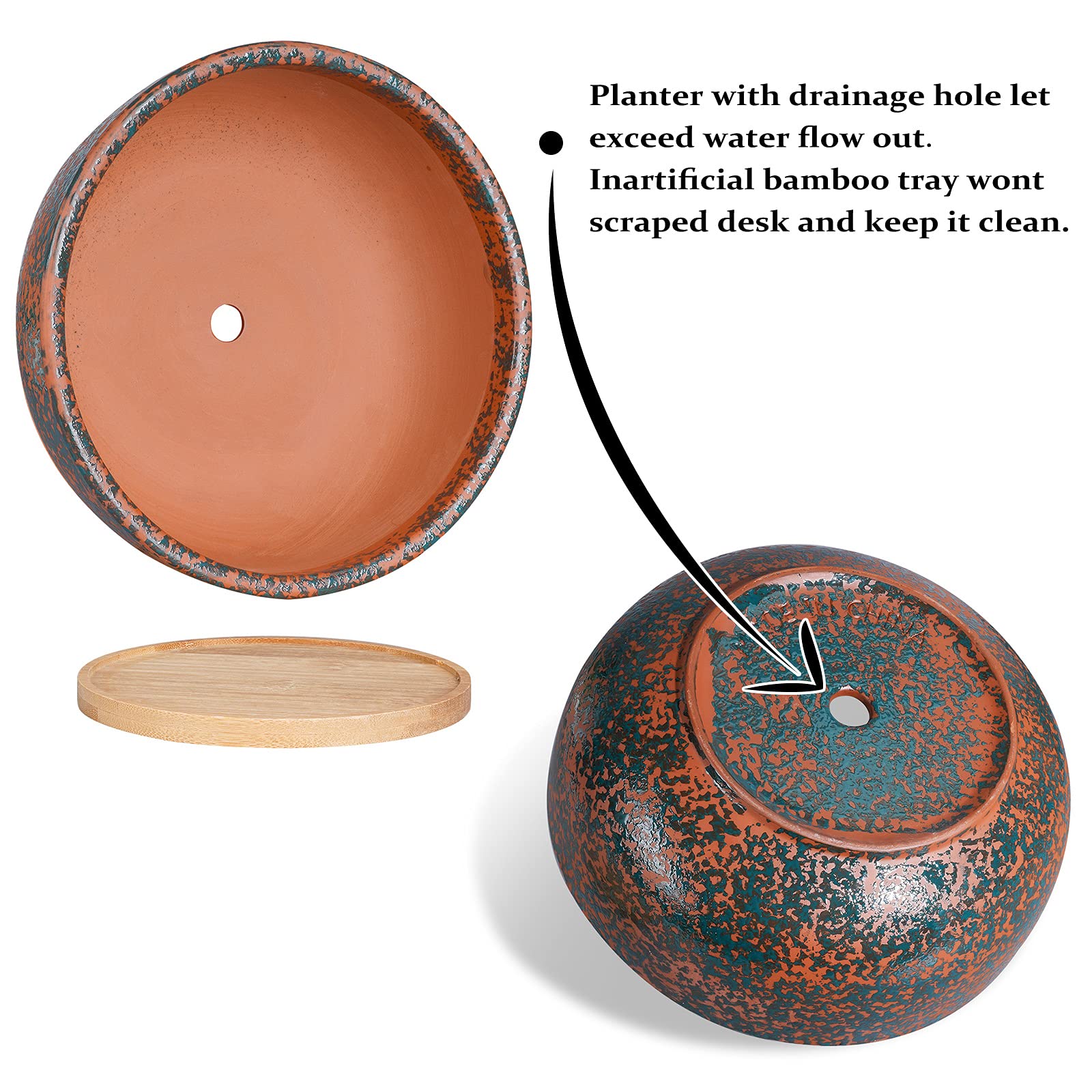Fivepot 10 Inch Large Terracotta Planter Succulent Plant Bowl Deep Flower Pot Indoor and Outdoor Decor Drainage Bamboo Tray