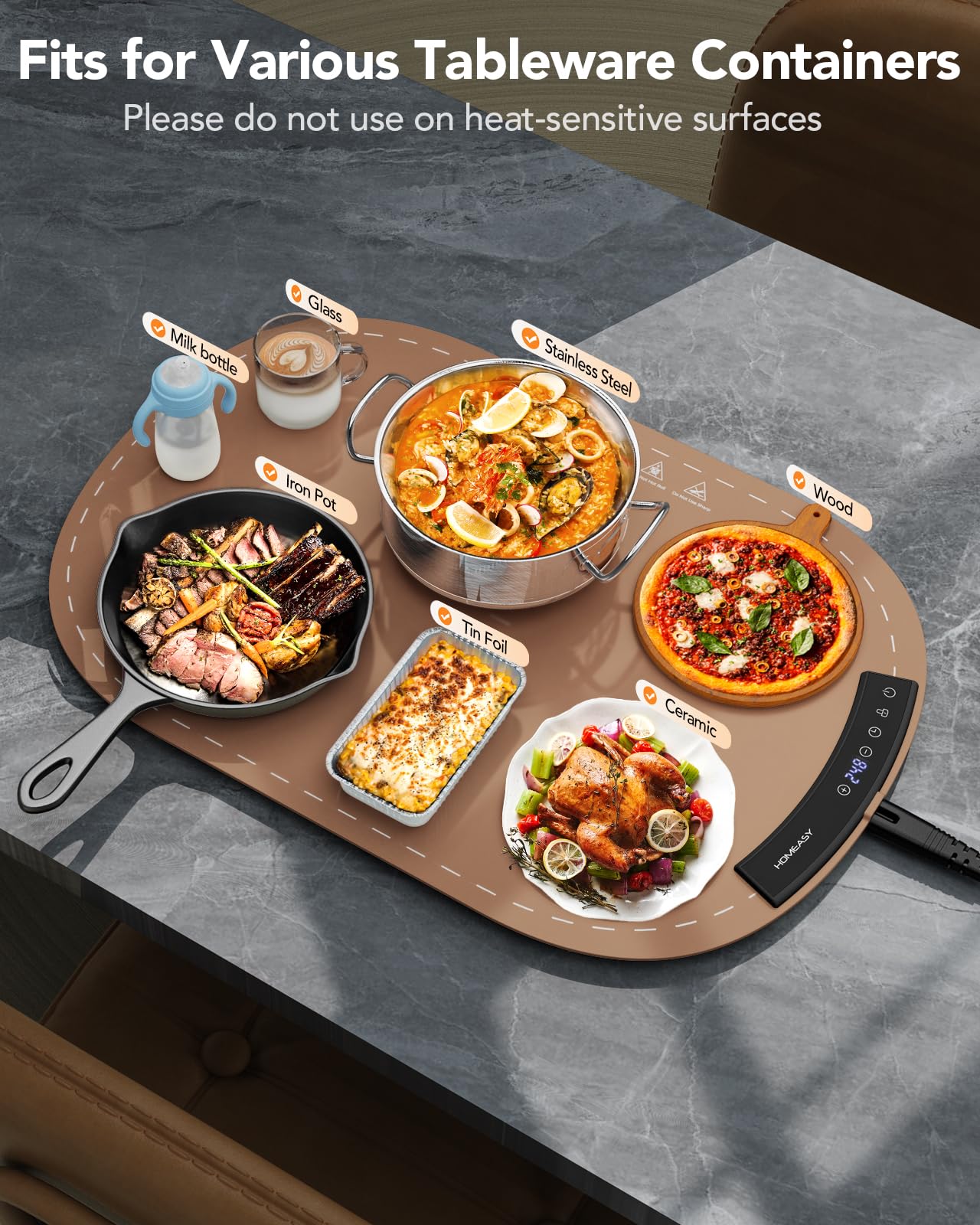 Food Warming Mat, Electric Warming Trays for Food Countertop Buffet, Food Warmers for Parties Food Heating Mat with 9 Temperature Setting & 7.2ft Cable & Foldable (Brown)