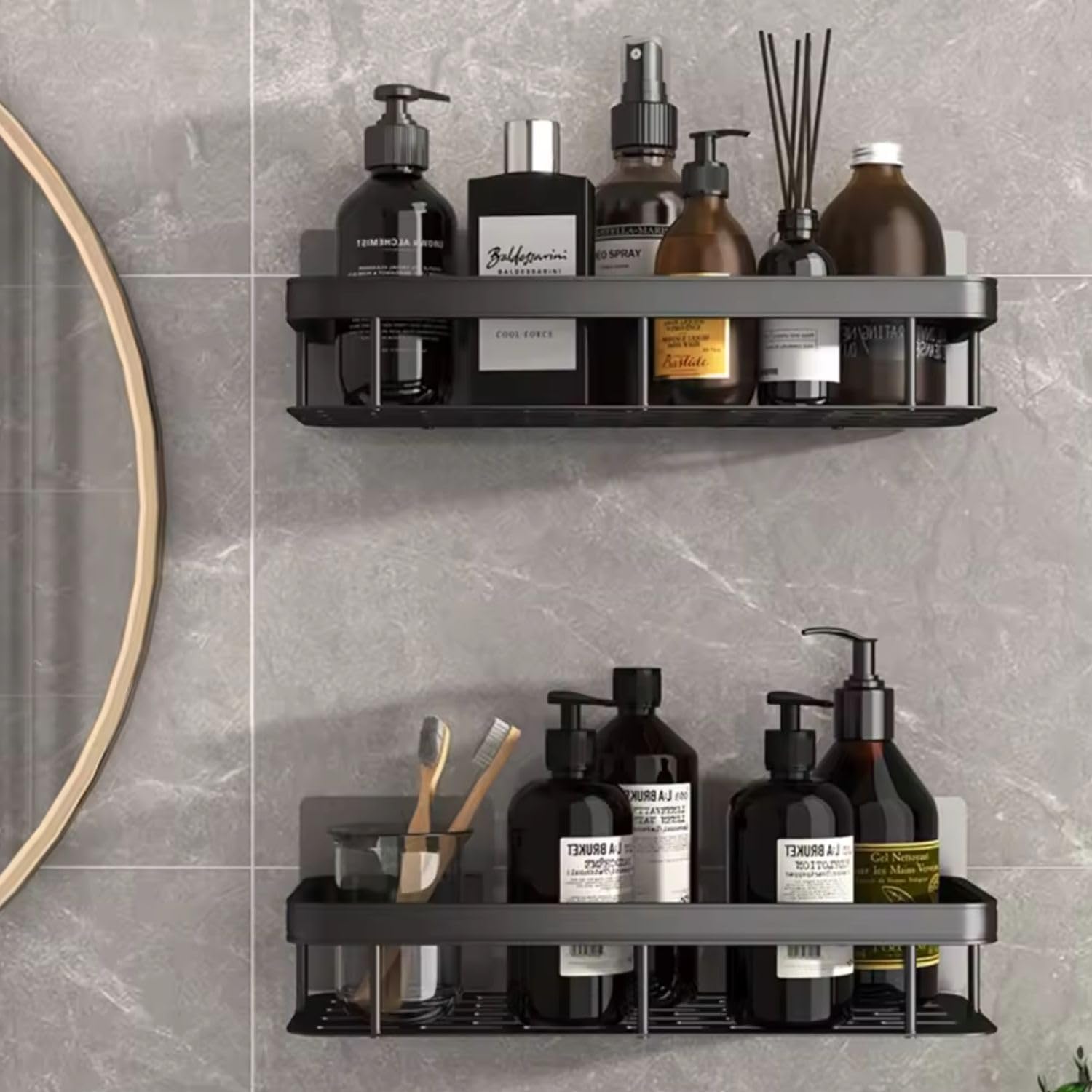 Generic 2Pack Adhesive Shower Caddy Bathroom Shower Organizer with 4 Hooks, Space Aluminum Shower Shelves, Rustproof Waterproof