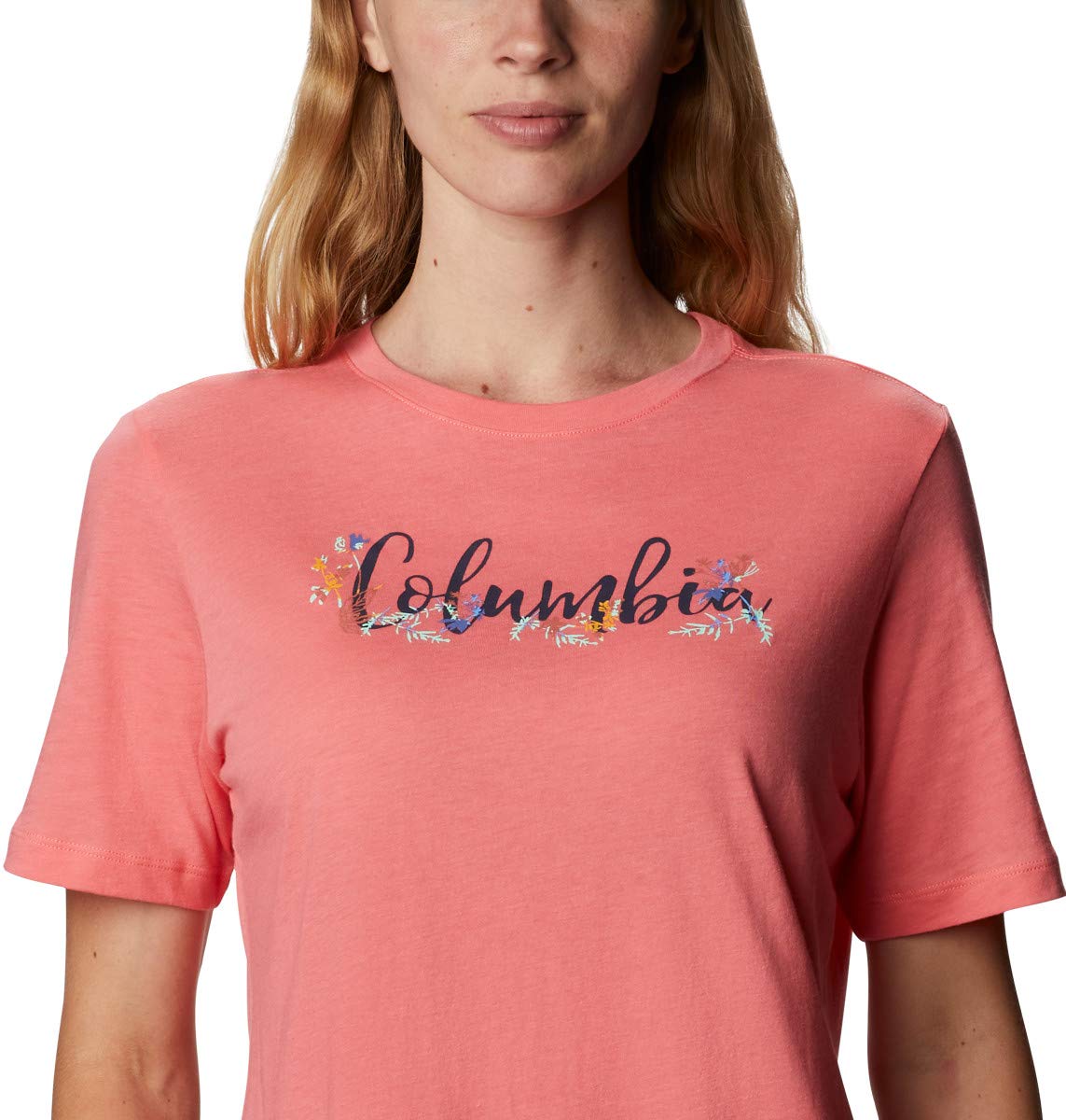 Columbia Women's Bluebird Day Relaxed Crew Neck, Blossom Pink Heather/Outlined Brand, X-Large