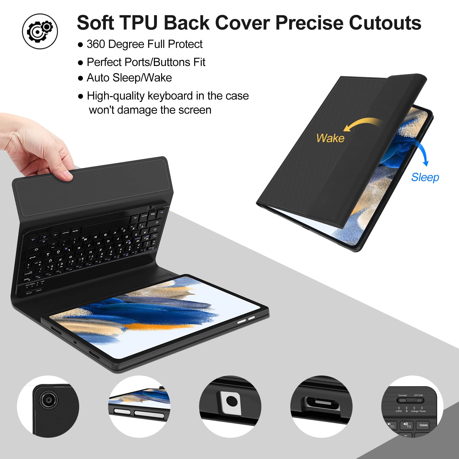 for Galaxy Tab A8 Keyboard Case 10.5 inch 2022, Long Battery Life & Rechargeable - Bluetooth Detachable Keyboard for Samsung Tablet A8 (SM-X200 X205 X207) Slim Folio TPU Stand Case, Black