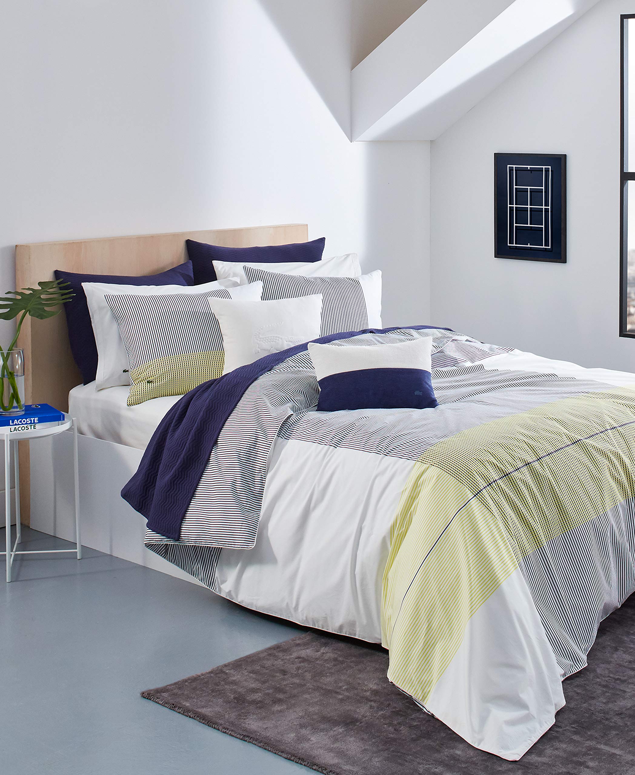 Lacoste Backspin 2- Piece Reversible 100% Cotton Striped Duvet Cover & Sham Set, Twin/Twin XL, Ivory/Blue/Yellow