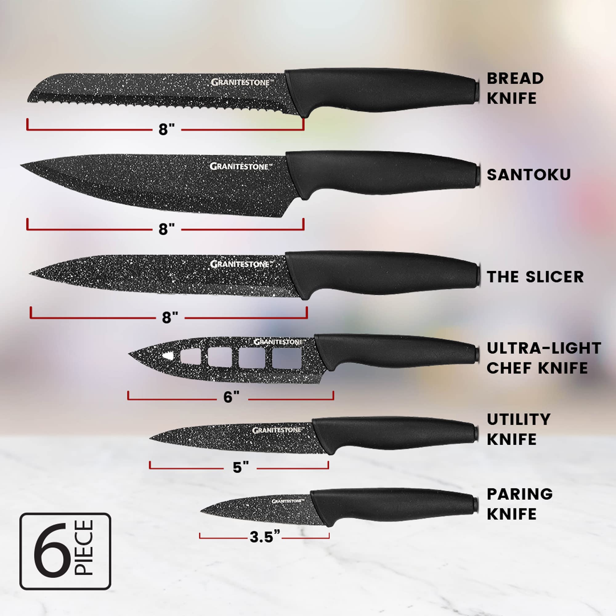 Nutriblade Knife Set with Block by Granitestone 6-Piece Professional Kitchen Chef’s Knives Ultra Sharp Stainless Steel Blades and Nonstick Granite Coating, Easy-Grip and Dishwasher-safe, Black