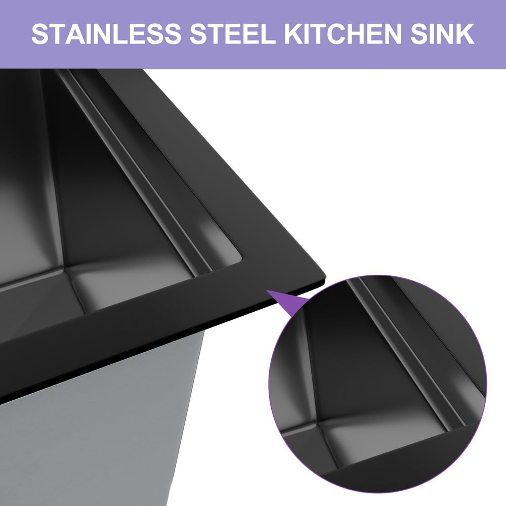 BULUBEE Black Stainless Steel Bar Sink with Glass Rinser, Single Bowl Kitchen Sink, Drop-in or Undermount (23"L x 15"W x 9"D)