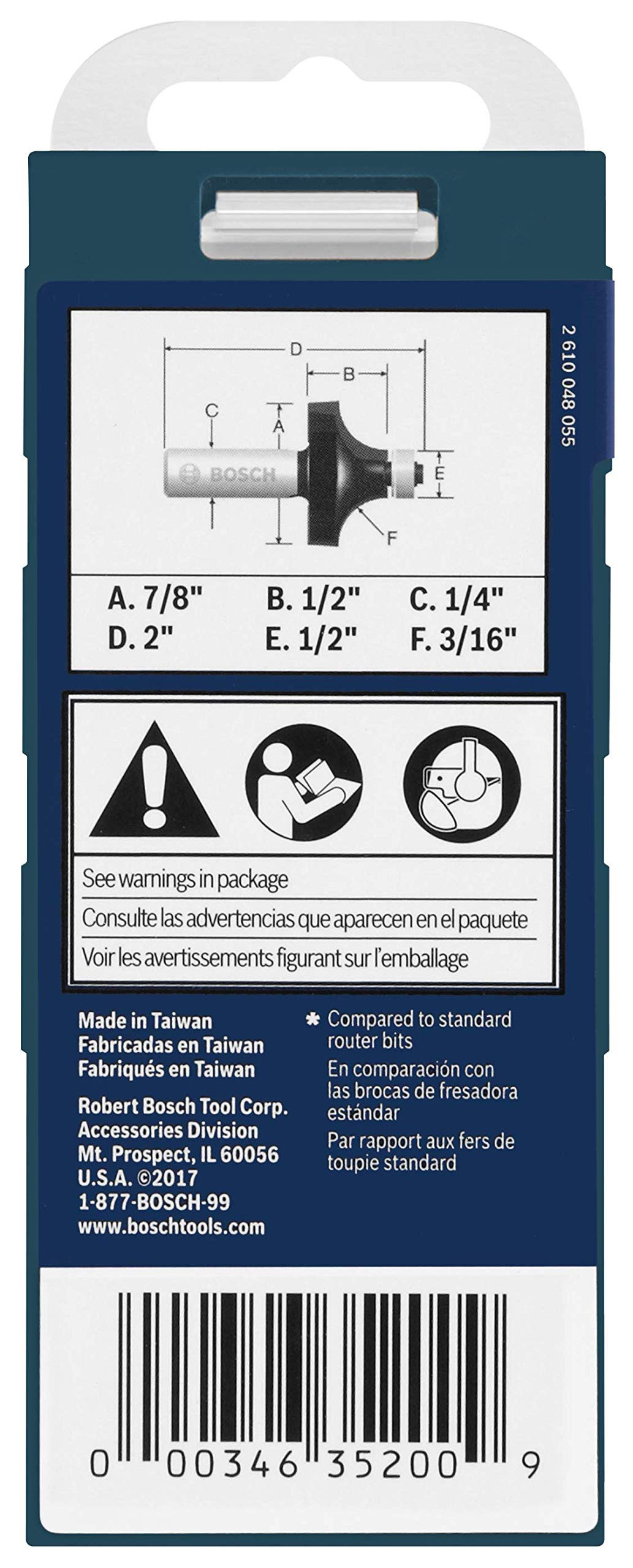 BOSCH 85293MC 3/16 In. x 1/2 In. Carbide-Tipped Roundover Router Bit
