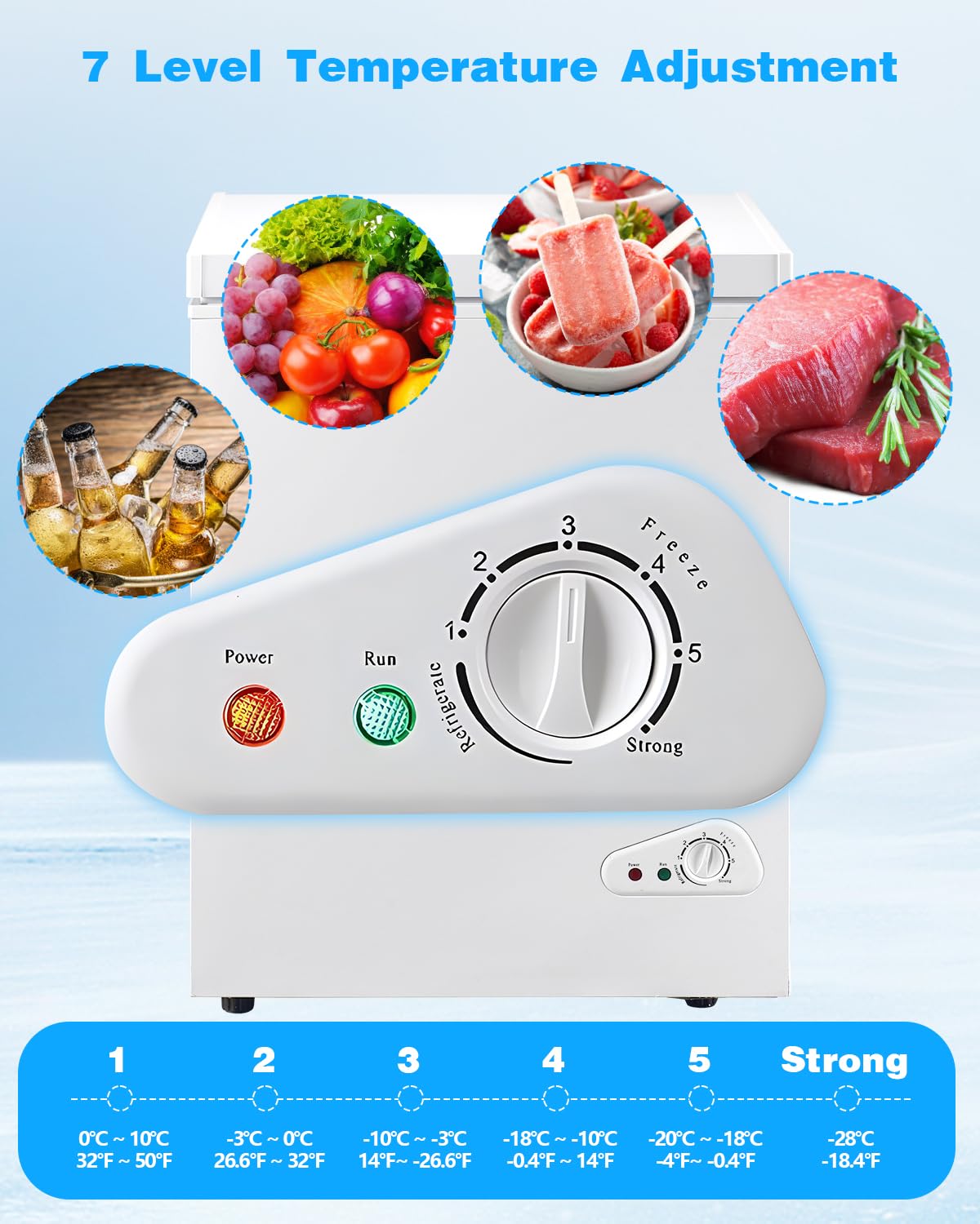 EUASOO 5 Cu.Ft Chest Freezer with a Removable Basket 7 Gears Adjustable Temperature Control(-18°F to -46°F), Deep Compact Freezer for Garage, Office, Basement, House, Kitchen, Shop, RVs-White