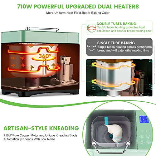 KEEPEEZ 2.2LB Large Bread Maker Machine-Dual Heaters, 17-in-1 Breadmaker with Gluten-Free, Pizza Dough, Jam, Auto Nut Dispenser,Ceramic Pan&Touch Panel, 3 Loaf Sizes 3 Crust Colors,15H Timer,Recipes