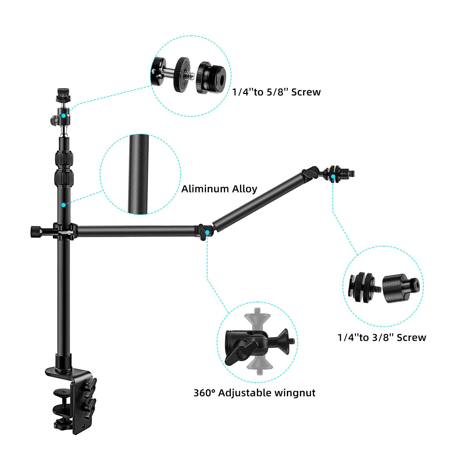 Obeamiu Desk Mount Stand with 27'' Auxiliary Holding Arm, Detachable 2-Section Magic Arm Overhead Light Stand, 16.7-40.1 in Tabletop Stand for DSLR Camera/Fill Light/Live Streaming/Webcam