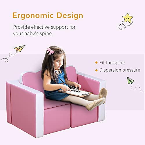 Qaba Kids Sofa Set 2-in-1 Multi-Functional Toddler Table Chair Set 2 Seat Couch Storage Box Soft Sturdy Pink