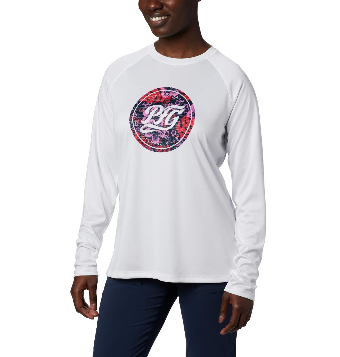 Columbia Women's Tidal Tee PFG Printed Medallion Long Sleeve Shirt, White/Red Lily, Medium
