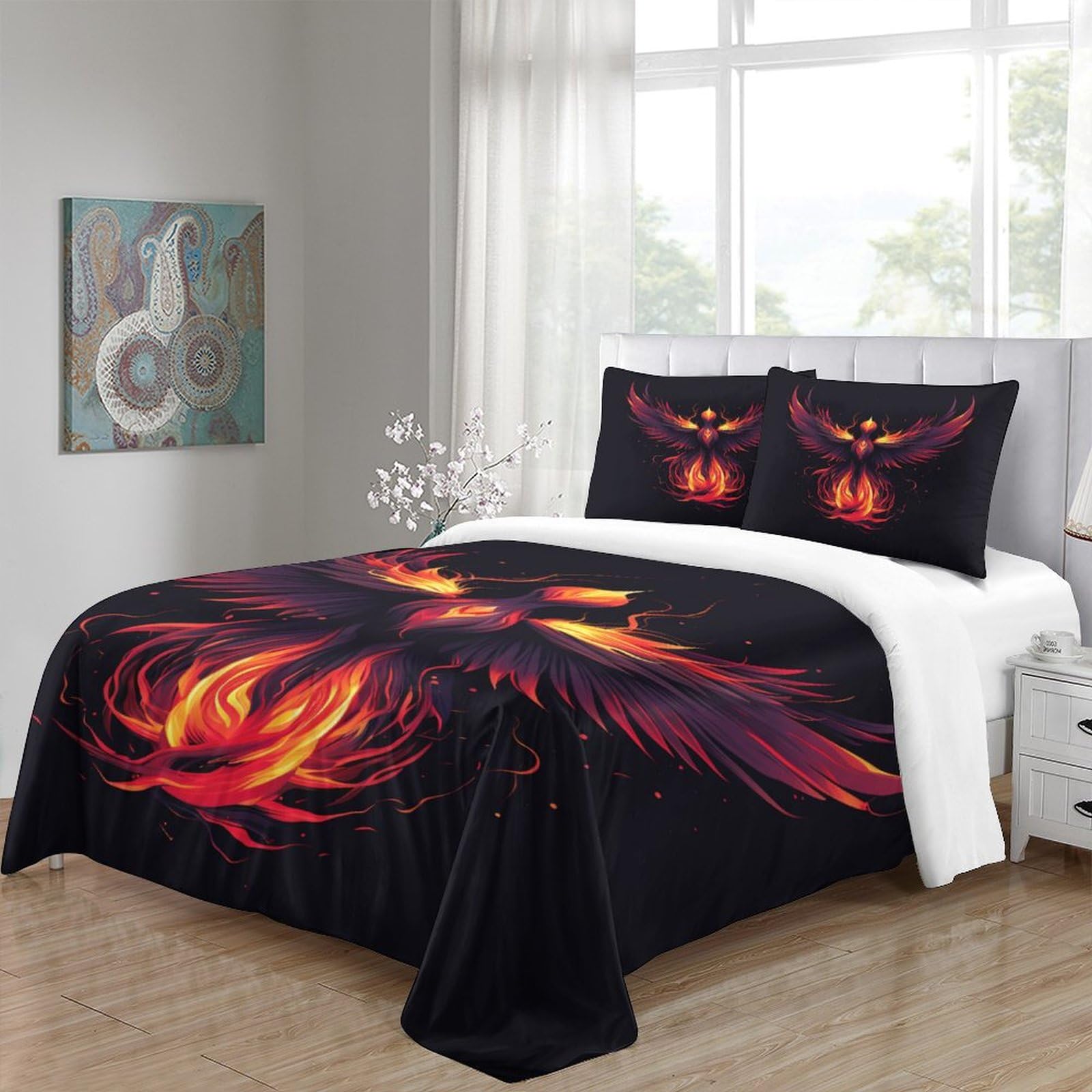 EVMILA Fire Phoenix Bedding Set 3D Printed Comforter Covers Duvet Cover Quilt Cover with Pillowcases for Childrens and Adults 3 Pieces Microfiber with Zipper Closure Twin(173x218cm)