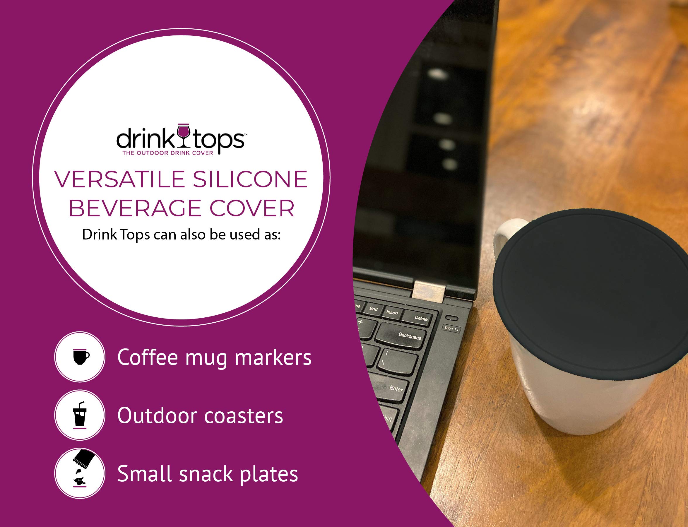 Drink Tops Tap and Seal Coffee and Tea Covers - Gently Suctions to Mugs to Keep Drinks Warmer Longer and Reduce Splashing - BPA Free Silicone Coffee Mug Cover - 4pk - Silo