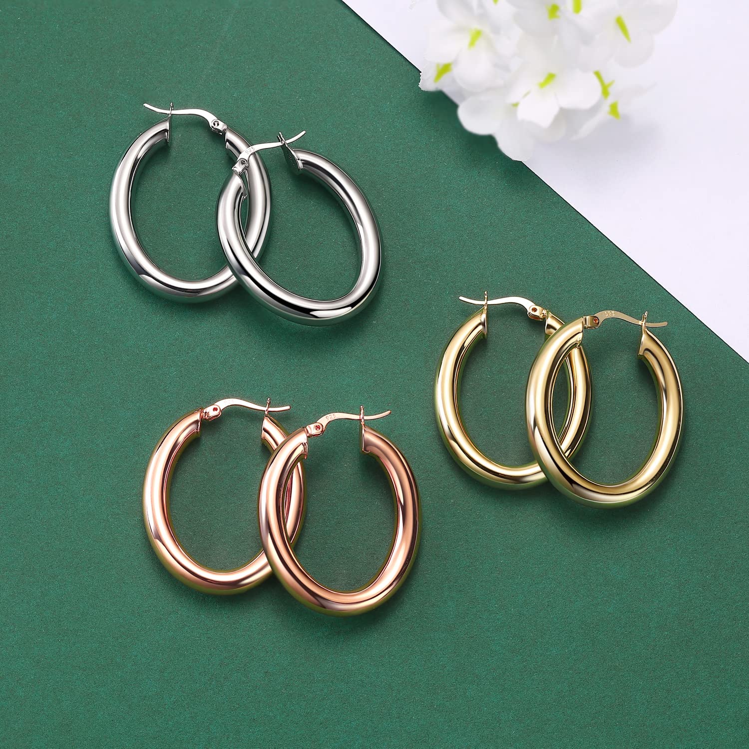 Devin Rose Oval Chunky Thick Hoops 14K Yellow Gold Plated Brass Hoop Earrings for Women 925 Sterling Silver Posts