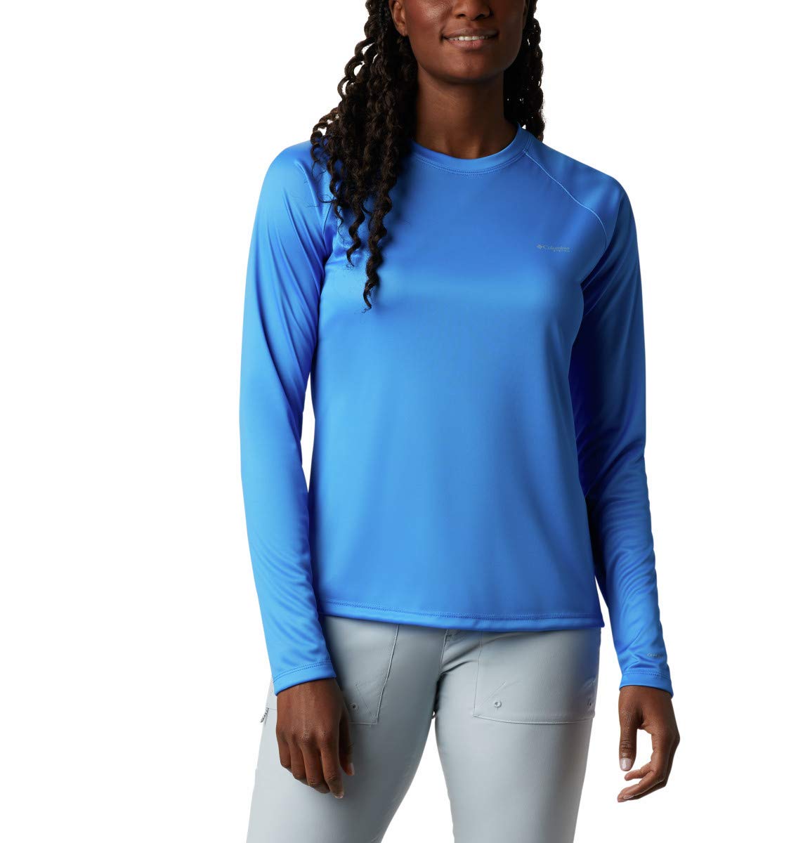 Columbia Women's Standard Tidal Tee PFG Fish Flag LS, Stormy Blue/Lychee Gradient, Large