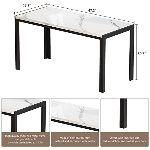 Recaceik Dining Table Set for 4, Kitchen Table and Chairs for 4, Faux Marble Dining Room Table with 2 Benches, Space Saving Dining Table and Upholstered PU Leather Bench for Small Spaces, White